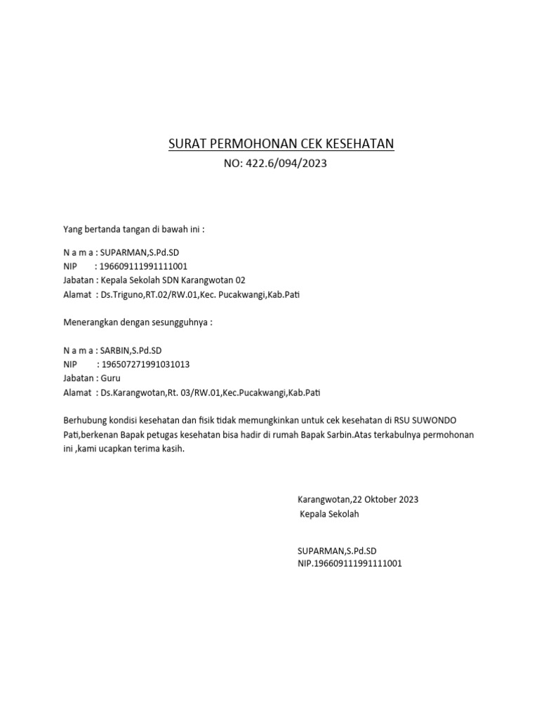 Surat Permohonan Cek Kesehatan | PDF