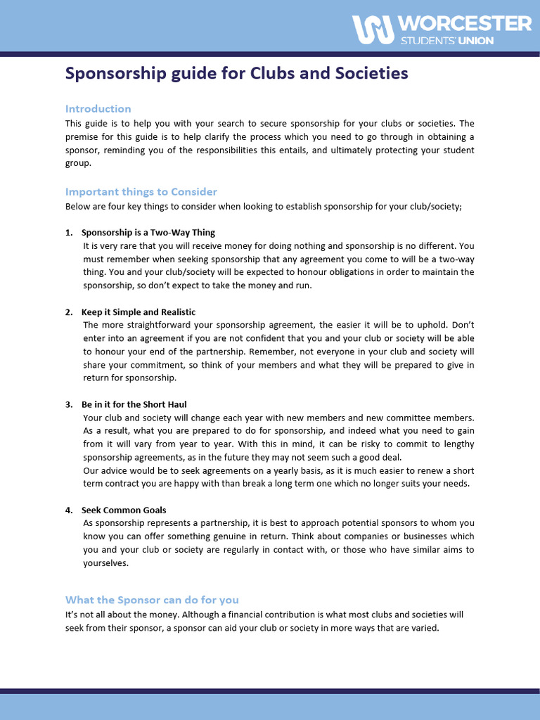 Sponsorship Guide For Clubs and Societies. | Download Free PDF ...