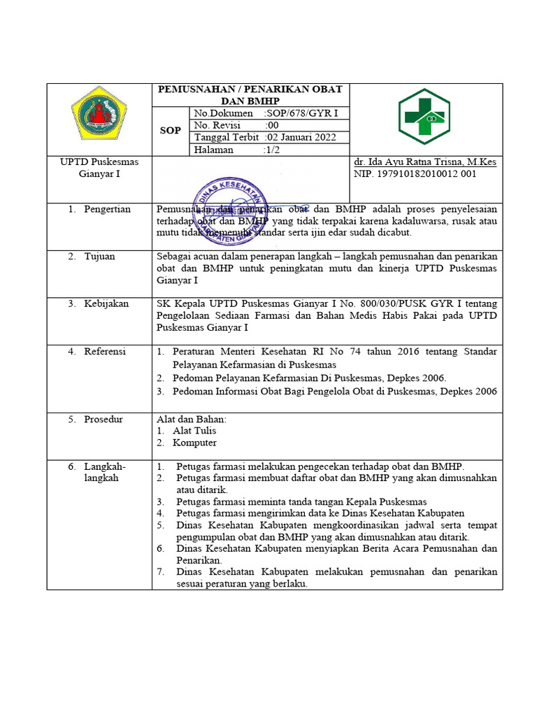 3.10.1.b2. 678 Sop Pemusnahan - Penarikan Obat Dan BMHP | PDF ...