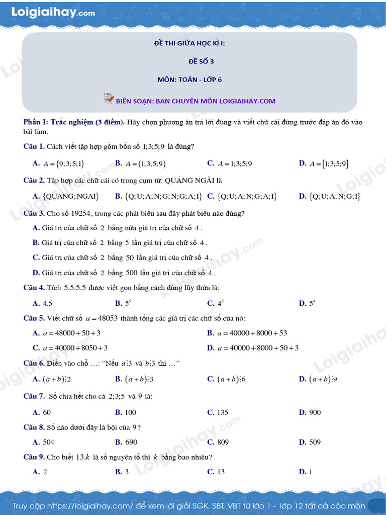 De Kiem Tra Giua Hoc Ki 1 Toan 6 de So 3 Ket Noi Tri Thuc 1665481361 | PDF