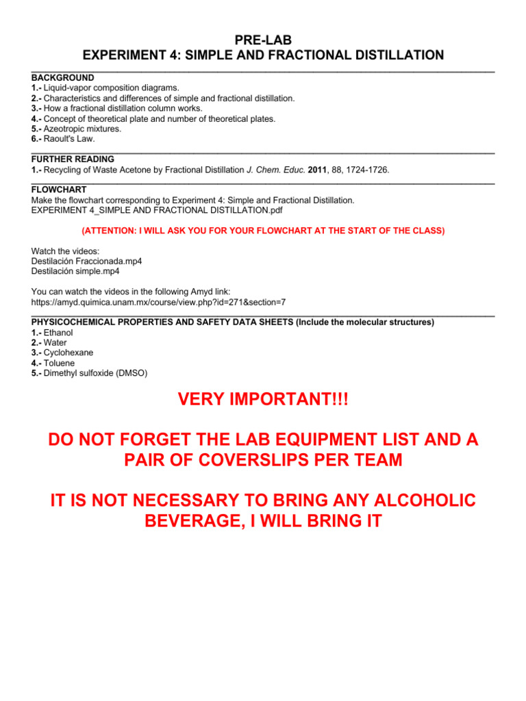 Pre-Lab - Experiment 4 - Simple and Fractional Distillation | PDF Pre-Lab - Experiment 4 - Simple and Fractional Distillation | PDF