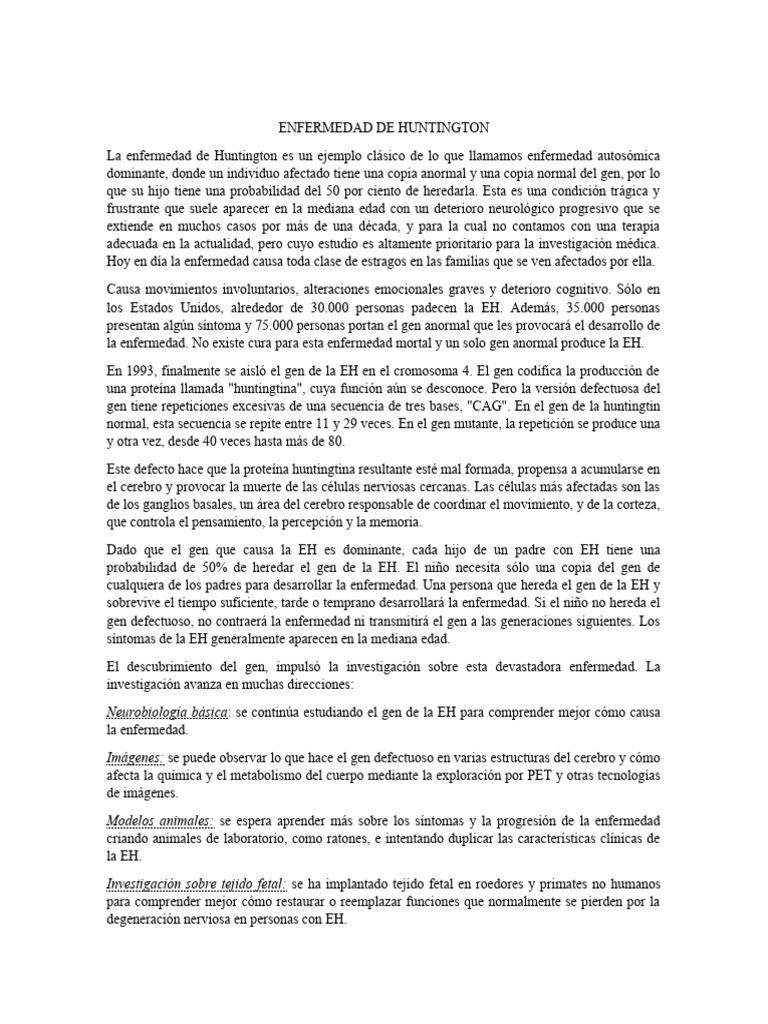 Enfermedad de Huntington | PDF | Prueba genética | Especialidades Medicas