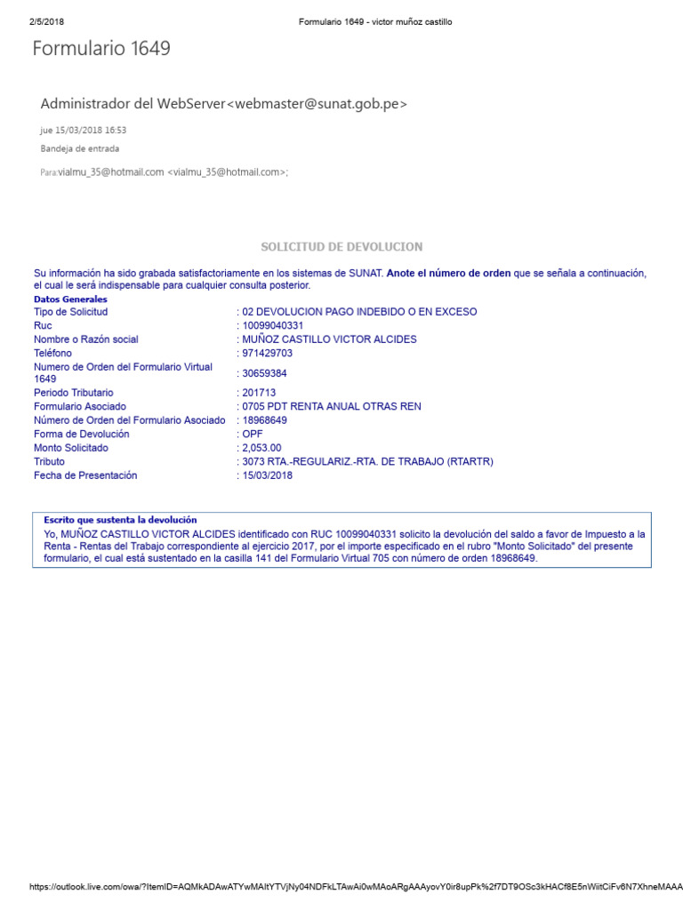 Solicitud Devolución Formulario 1649 SUNAT | PDF