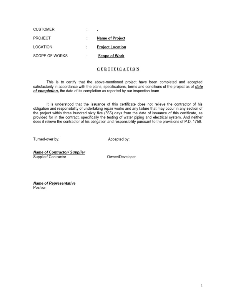 Certificate of Turnover & Acceptance | PDF