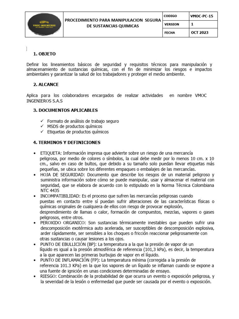 Procedimiento para Manejo Seguro de Sustancias Quimicas | PDF | Química | Ciencias fisicas