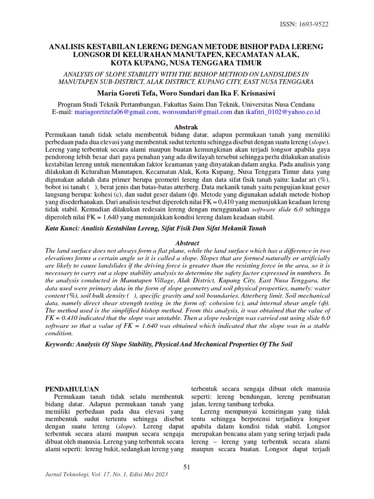Analisis Kestabilan Lereng Dengan Metode Bishop Pada Lereng Longsor Di Kelurahan Manutapen ...