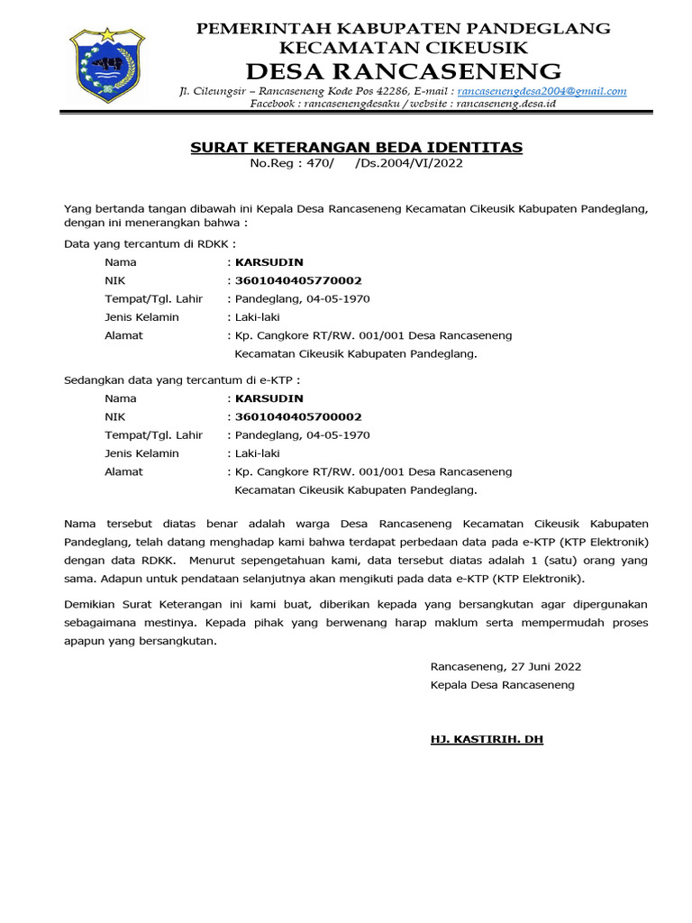 Surat Keterangan Beda Identitas | PDF