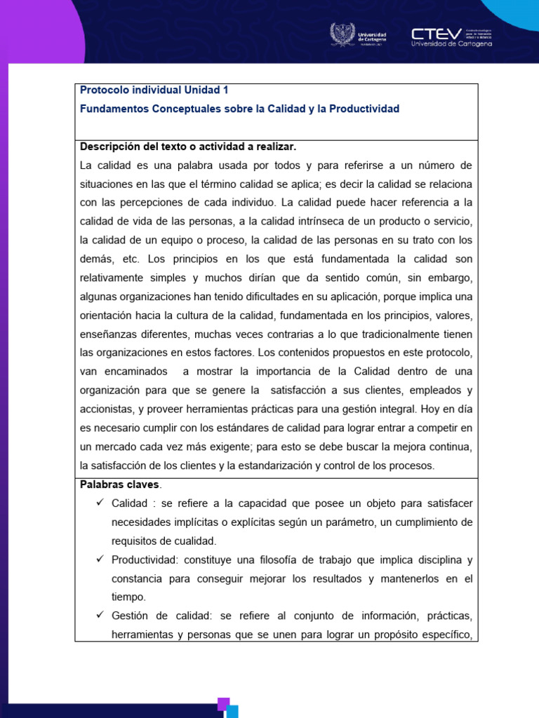 Protocolos Individuales Unidad 1 2 3 4 | PDF | Calidad (comercial) | Gestión de la calidad