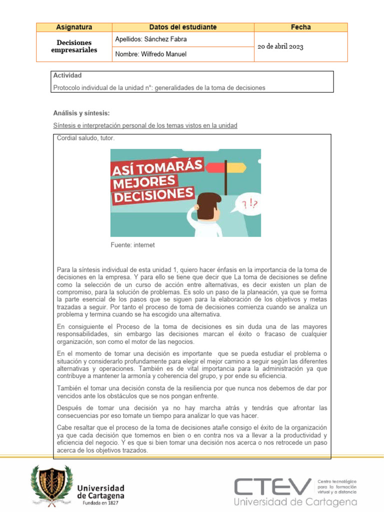 Plantilla Protocolo Individual Decisiones Empresariales | PDF | Toma de decisiones | Planificación