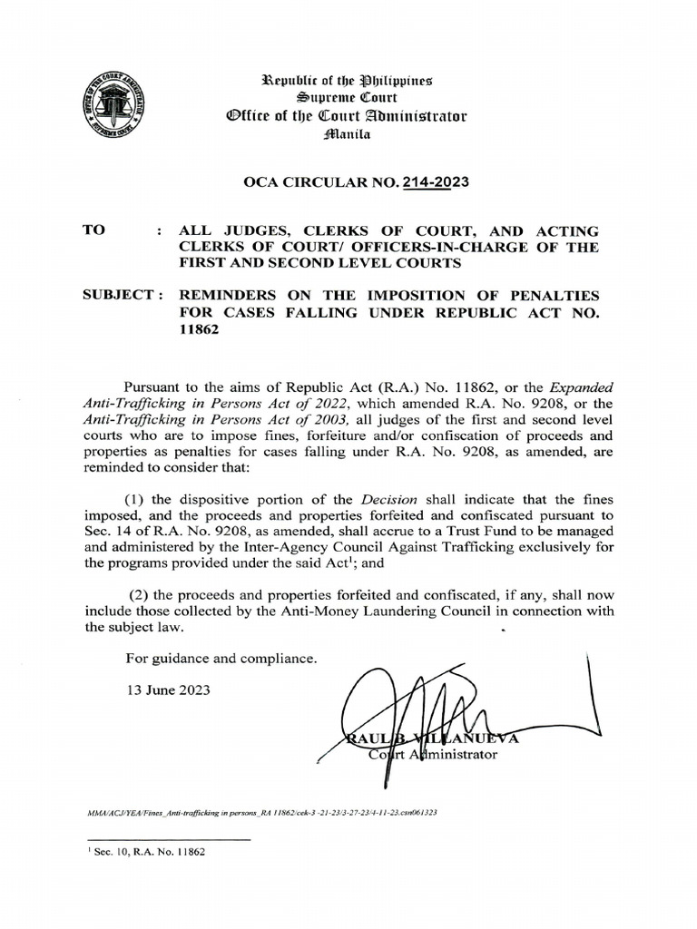 OCA-Circular-No.-214-2023-anti-trafficking in Persons | PDF