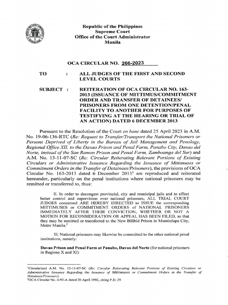 OCA-Circular-No.-266-2023-mittimuses or Commitment Order | PDF | Detention (Imprisonment) | Prison