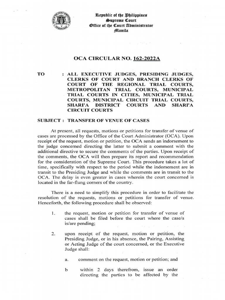 OCA Circular No. 162 2022 A Transfer of Venue of Cases | PDF | Judge | Injunction