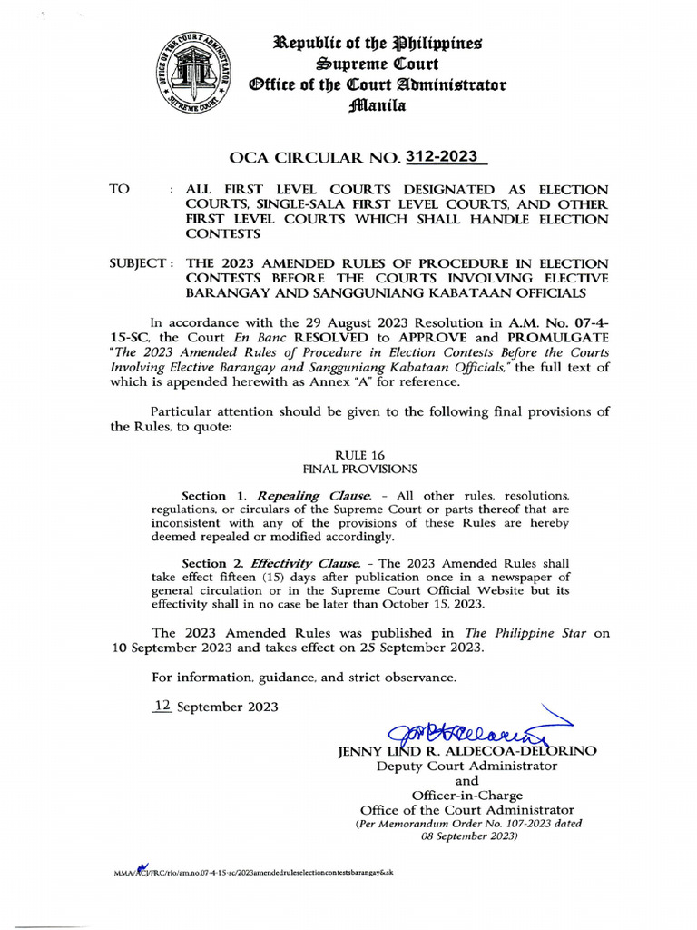 OCA Circular No. 312 2023 Resolving Election Protests SK & Barangay ...