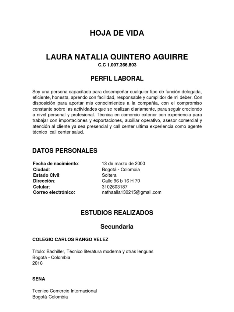 HV Natalia Quintero | PDF | Centro de llamadas