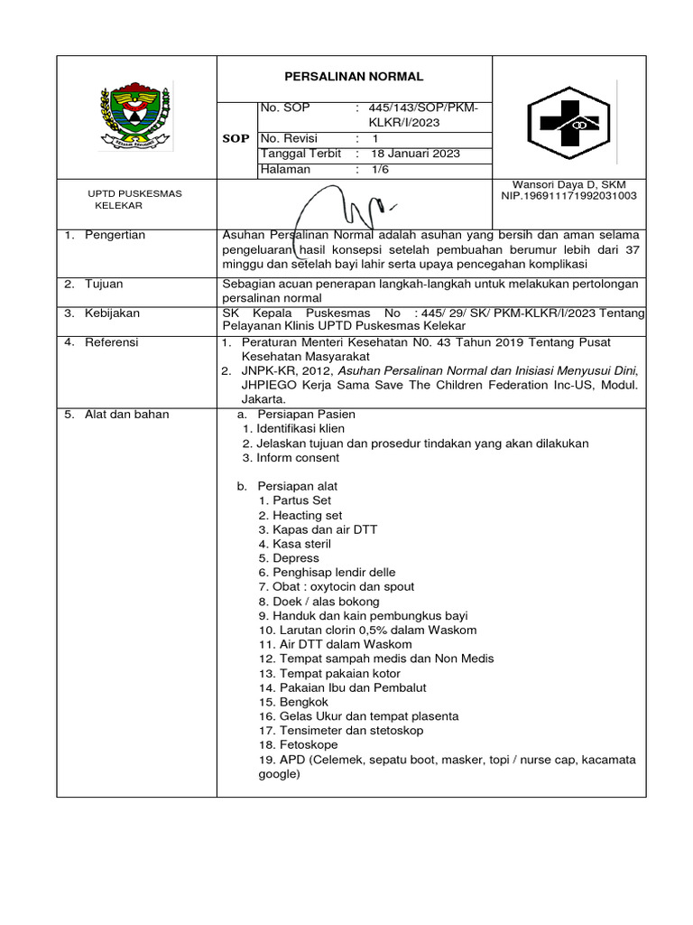 Sop Persalinan Normal Puskesmas Kelekar | PDF
