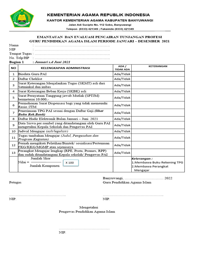Form Monev TPG 2021 | PDF