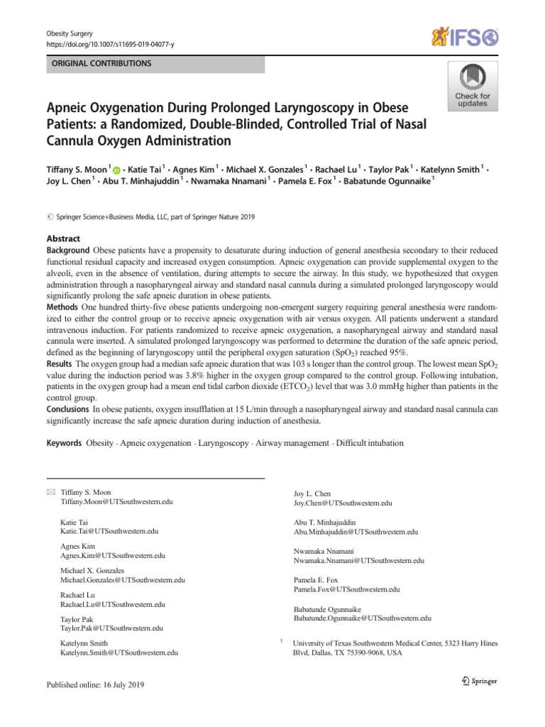 Apneic Oxygenation During Prolonged Laryngos | PDF | Apnea | Physiology