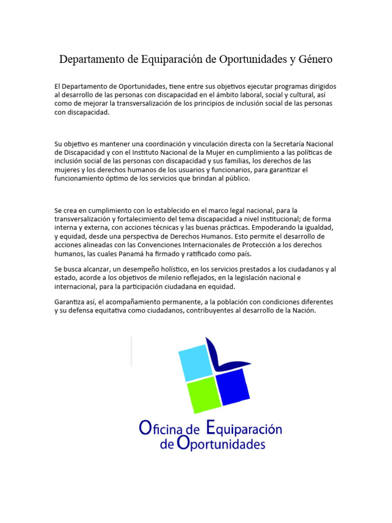 Departamento de Equiparación de Oportunidades y Género Word | PDF ...