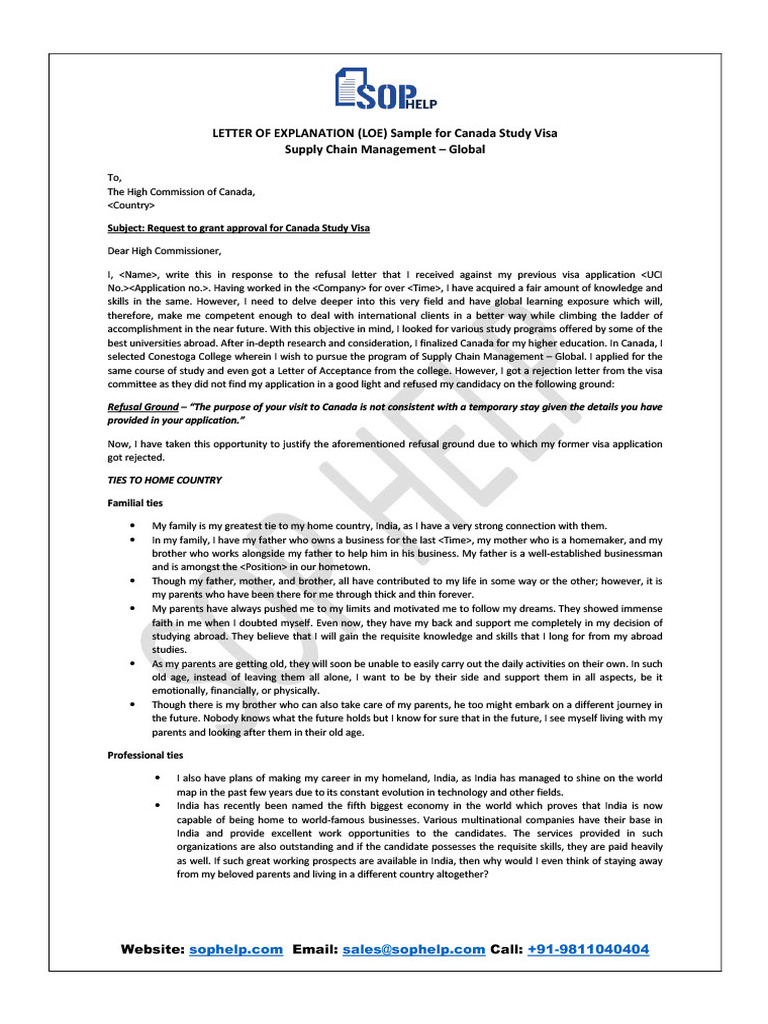 Letter of Explanation Loe Sample For Canada Study Visa Supply Chain ...