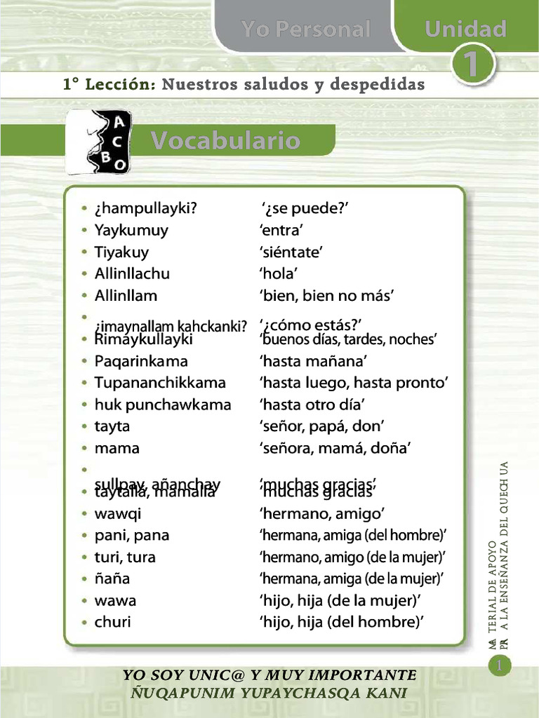 PDF Fichas Enseanza Quechua Unidad 1 Compress | PDF