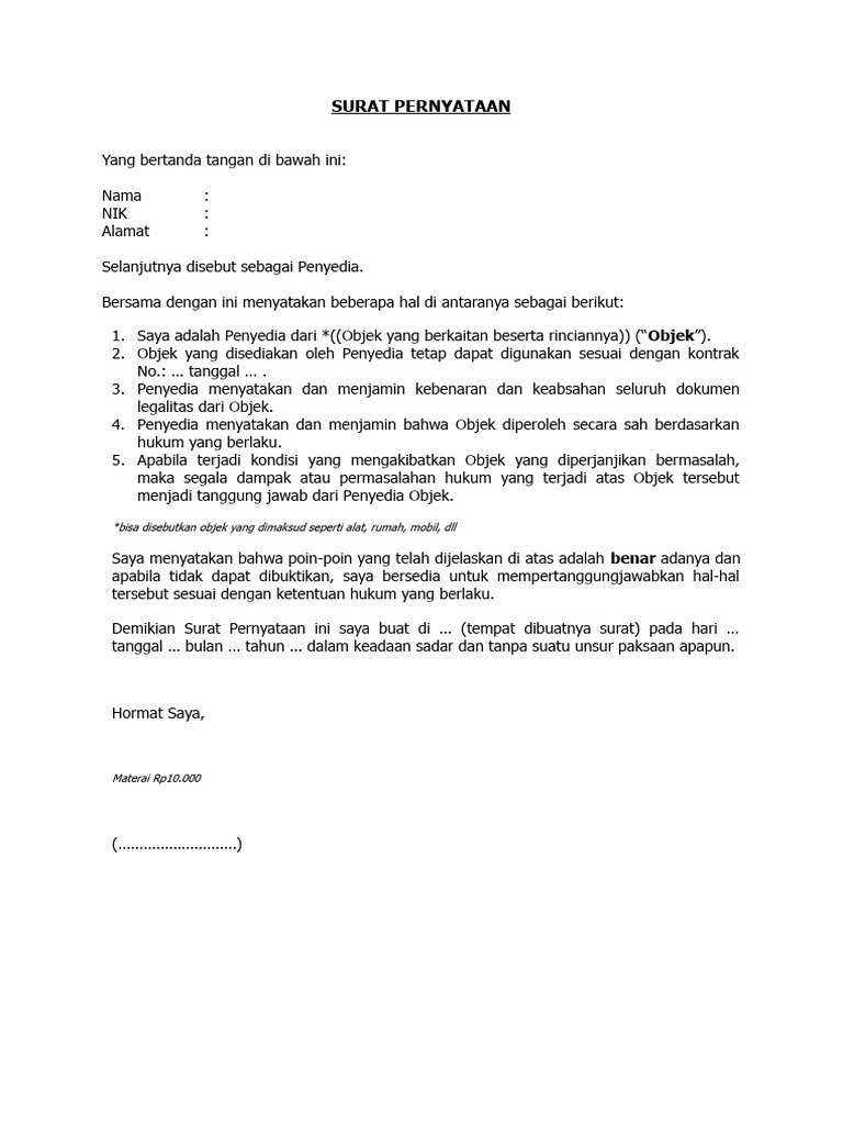 Surat Pernyataan Objek PDF