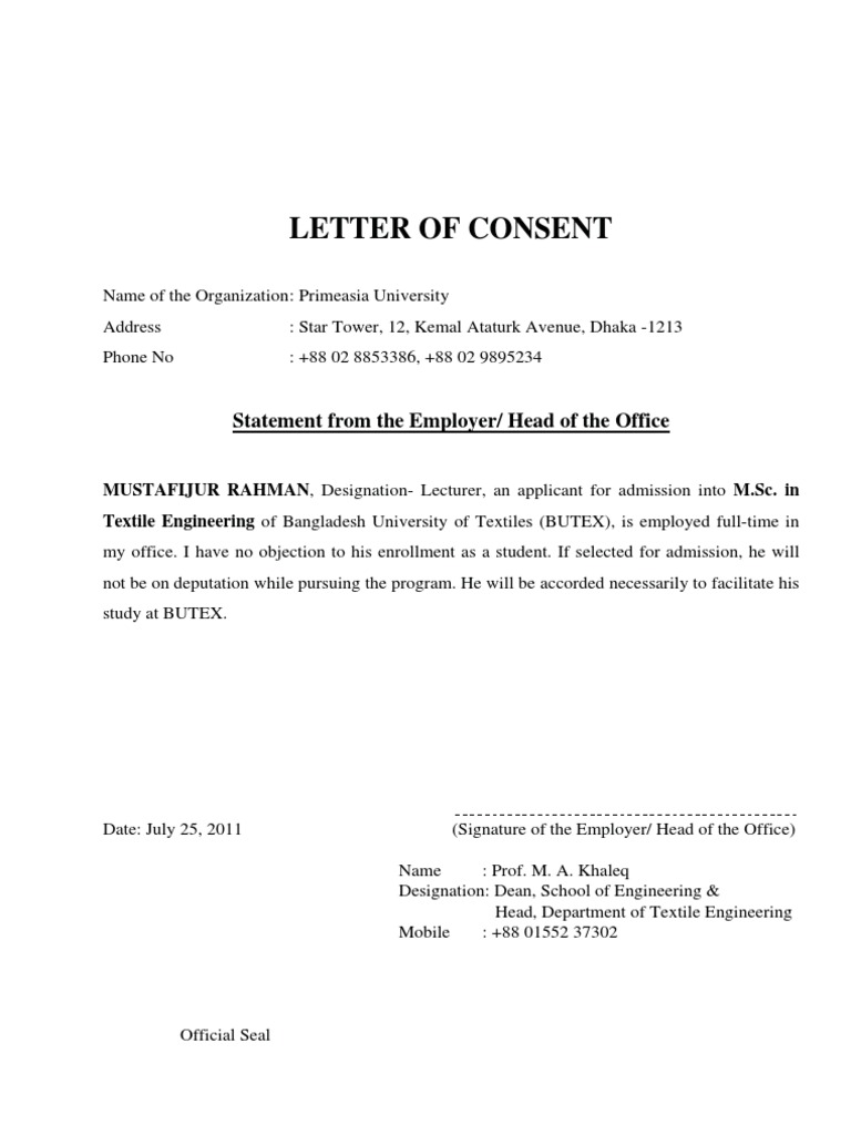 Employer Consent Letter for Admission | PDF