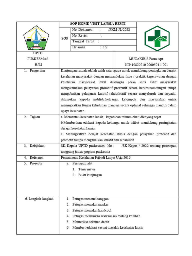 Sop Home Visit Lansia 2021 | PDF