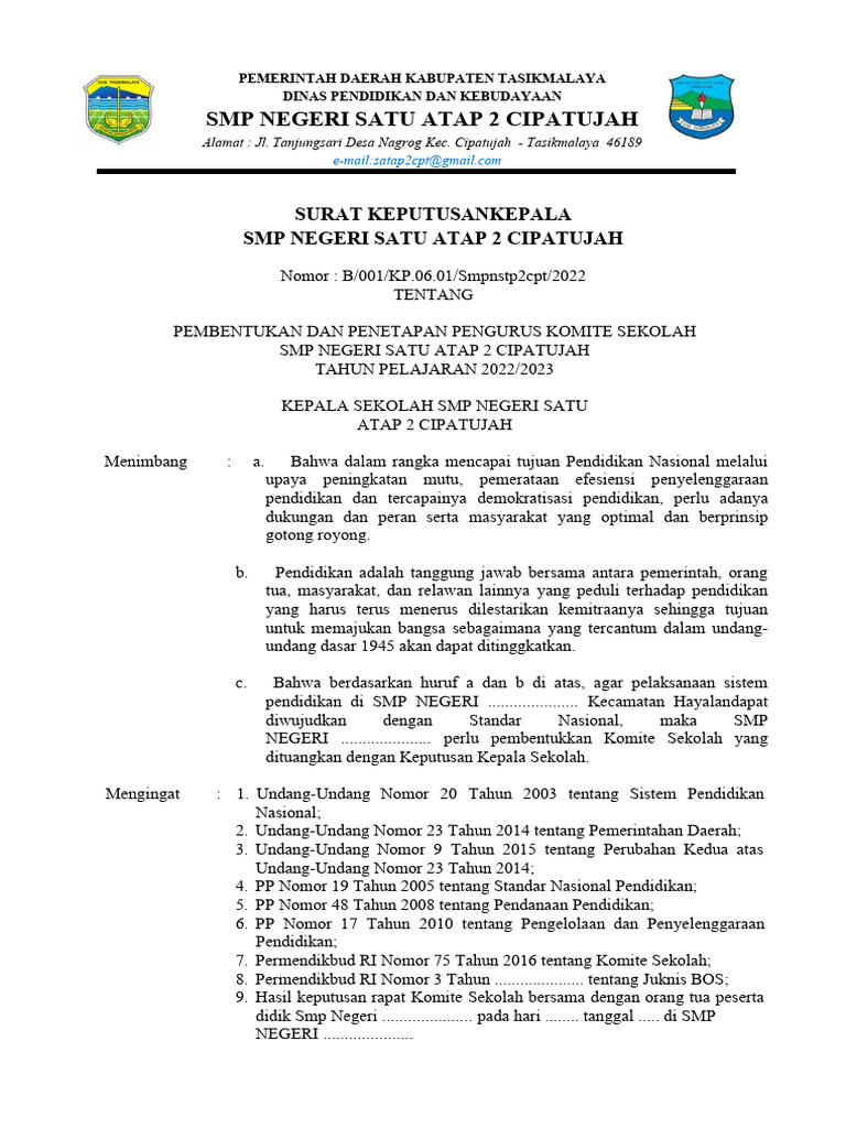 Format SK Komite Sekolah SMP | PDF