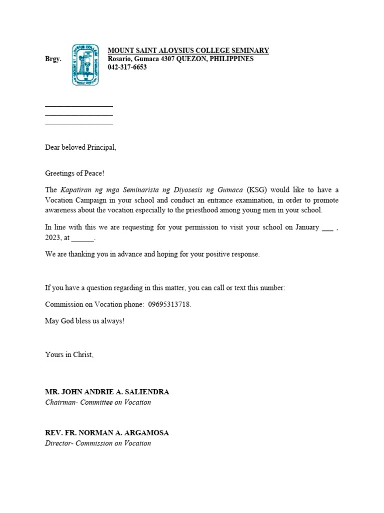 Vocation Letter For Schools Final | PDF