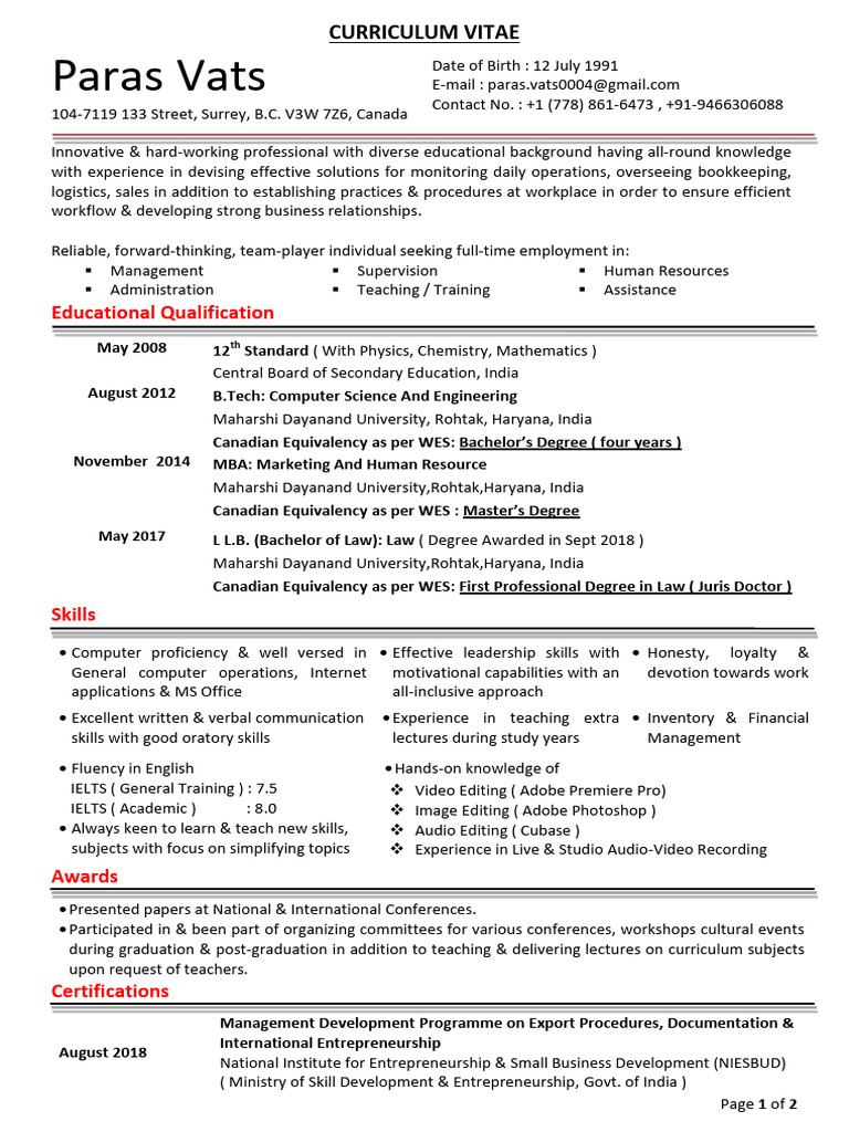 Paras Vats Canada Curriculum Vitae-1 | PDF | Academic Degree | Editing