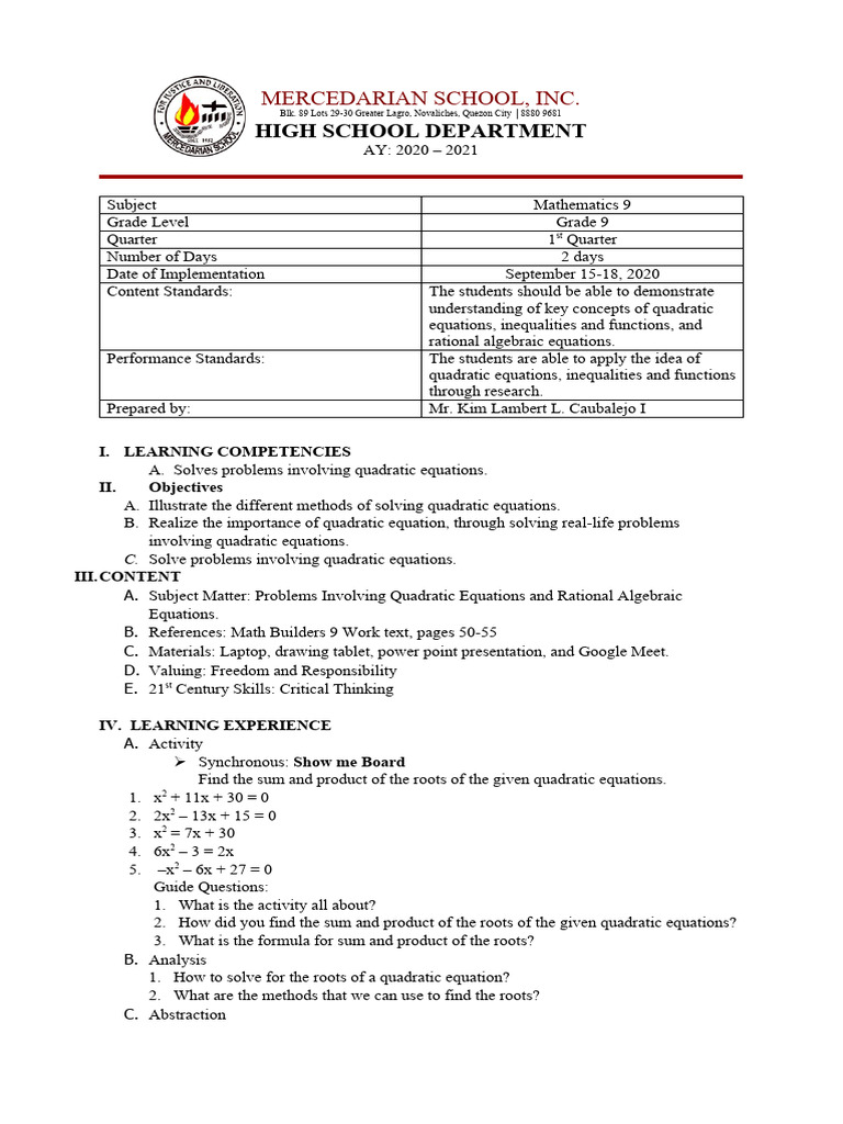 9 Problem Solving Involving Quadratic Equations Pdf