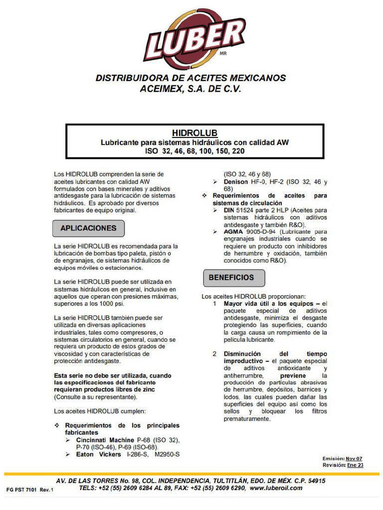 FT Luber Hidraulico Iso 32, 46, 68, 100, 150, 220 | PDF