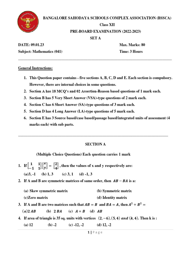Class Xii Maths Set A-1 | PDF | Sphere | Matrix (Mathematics)
