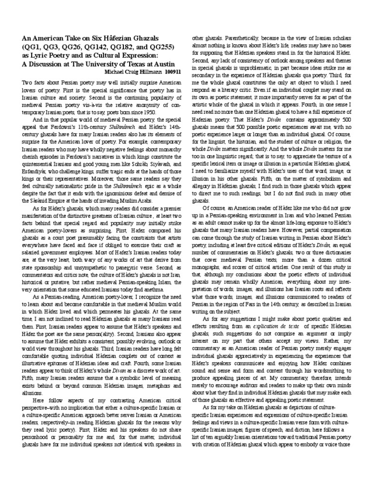 American Perspectives on Hâfez's Ghazals | PDF | Hafez | Persian Literature