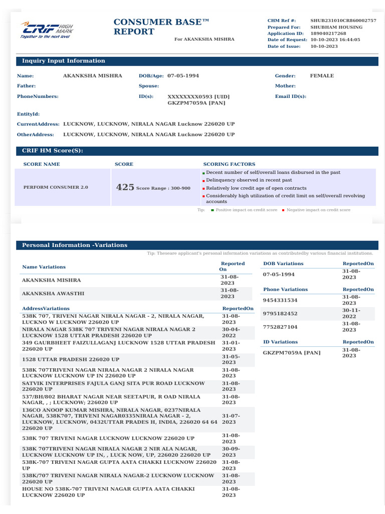 Consumer Base™: Inquiry Input Information | PDF