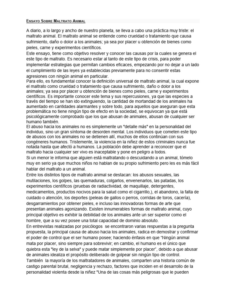 Ensayo Sobre Maltrato Animal | PDF | Abuso infantil | El embarazo Ensayo Sobre Maltrato Animal | PDF | Abuso infantil | El embarazo