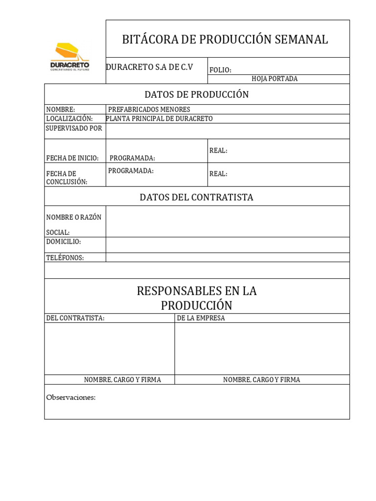 Bitácora de Producción Semanal Duracreto | PDF