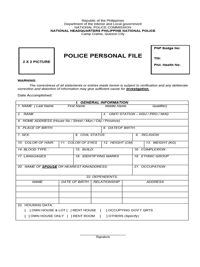 PNP Personal Data Sheet | PDF