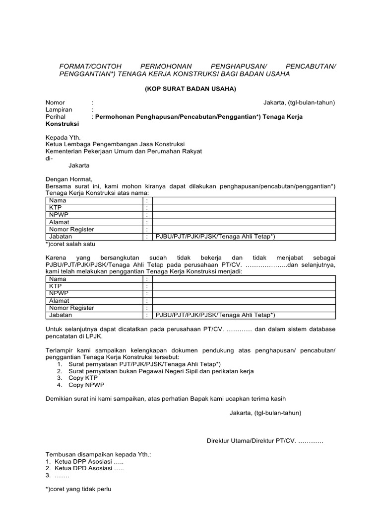 Format Permohonan Penghapusan Pencabutan Penggantian TKK | PDF