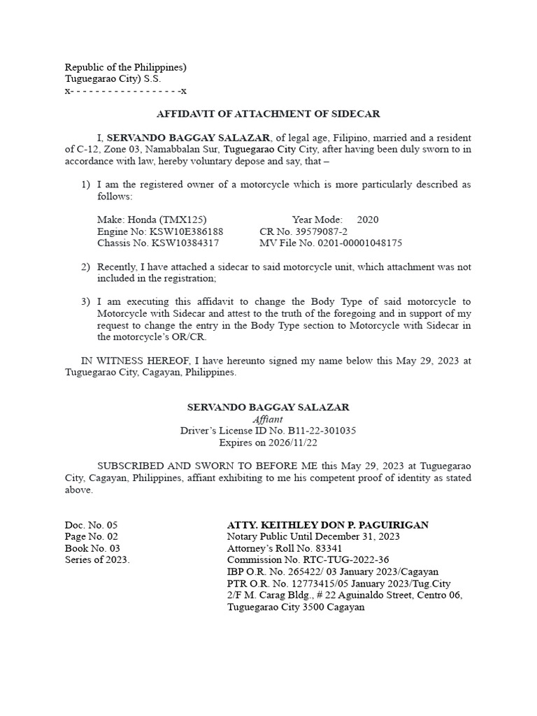 Affidavit of Attachment of Sidecar | PDF