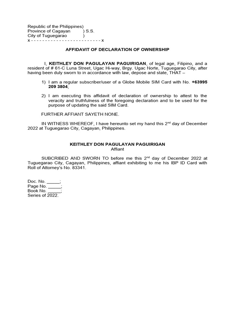 Affidavit of Ownership of Sim Card | PDF