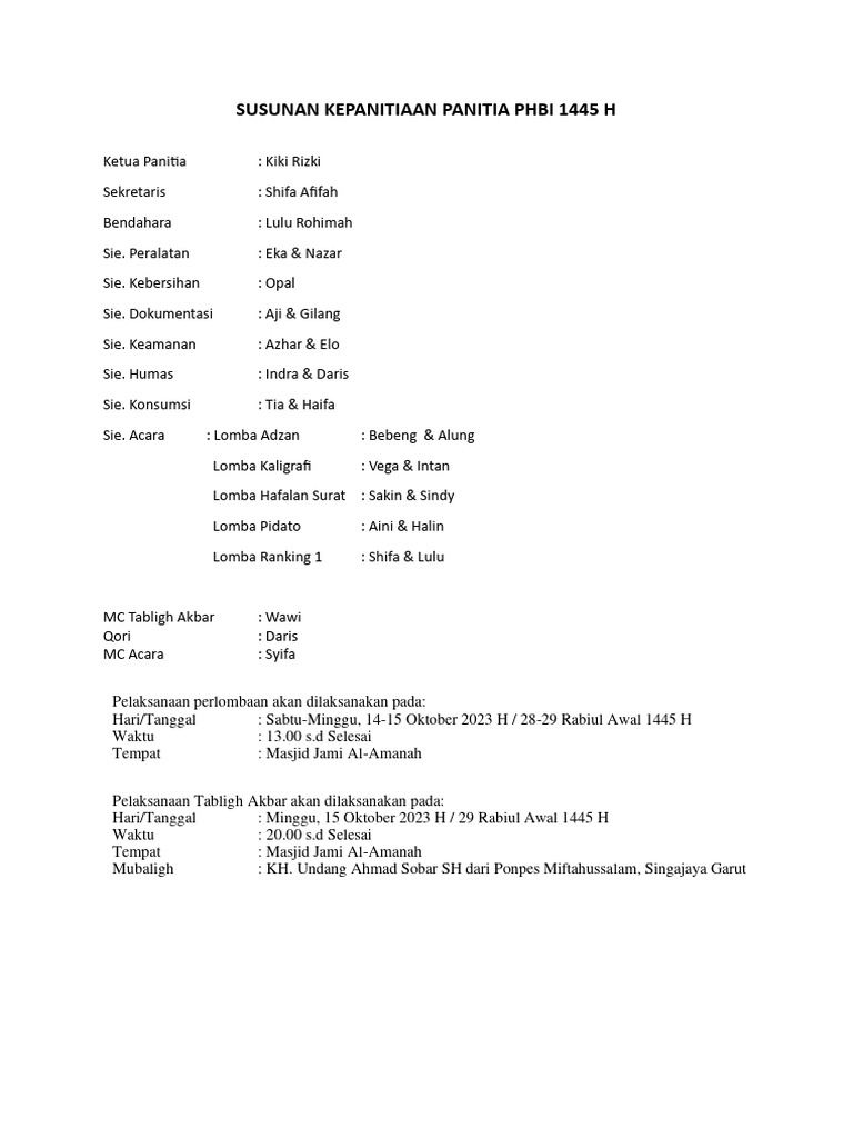Susunan Kepanitiaan Panitia Phbi 1445 H | PDF