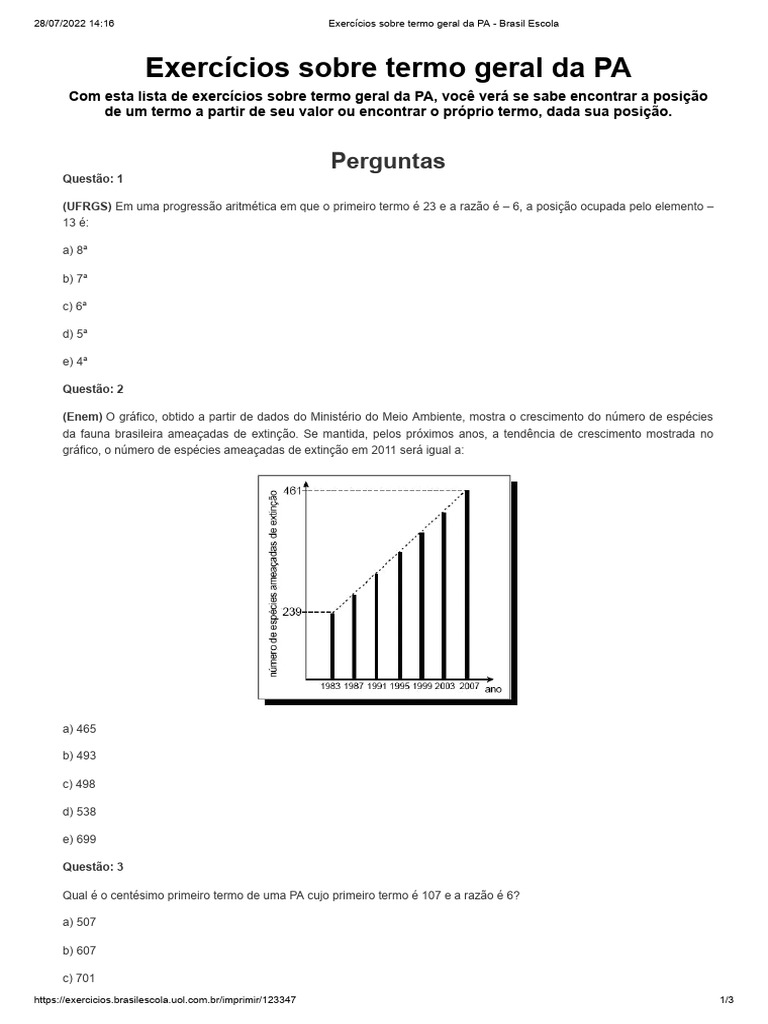 Exercícios Sobre Termo Geral Da PA - Brasil Escola | PDF