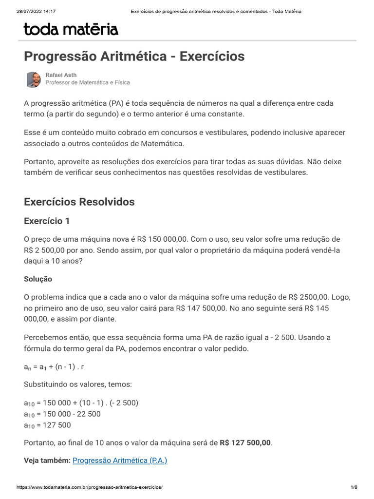 Exercícios de Progressão Aritmética Resolvidos e Comentados - Toda ...