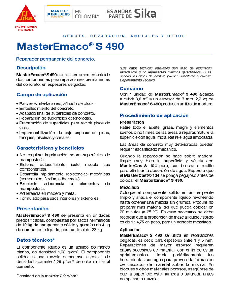 Master Emaco®S490 | PDF | Hormigón | Agua