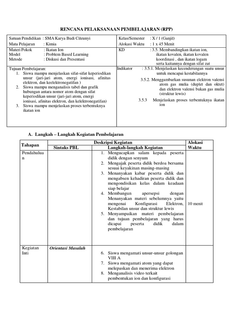 RPP 2 PBL Ikatan Ion Dan Kovalen | PDF