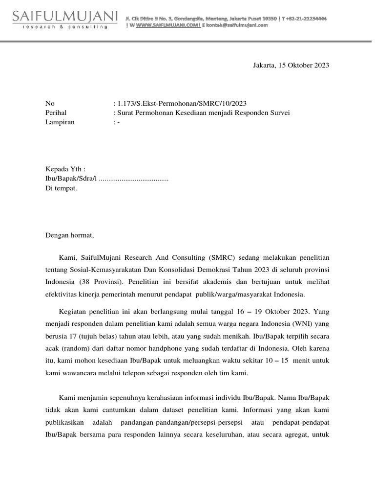 Surat Permohonan Menjadi Responden Survei Telepon SMRC Oktober 2023 | PDF