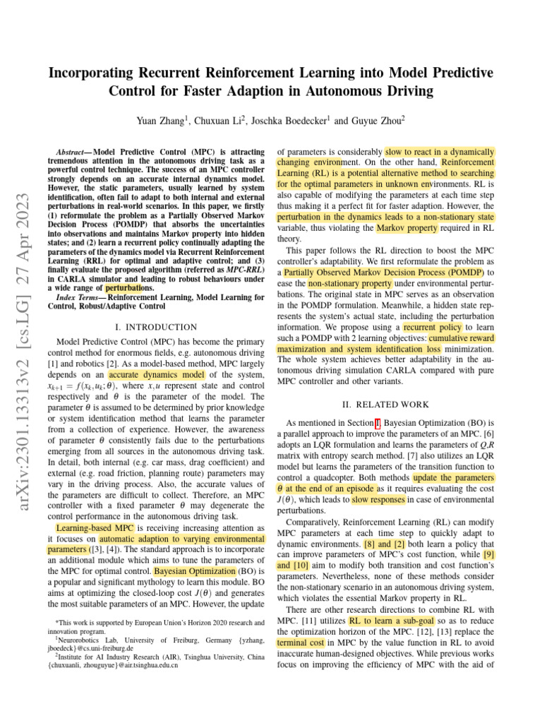 Incorporating Recurrent Reinforcement Learning Into Model Predictive Pdf Markov Chain