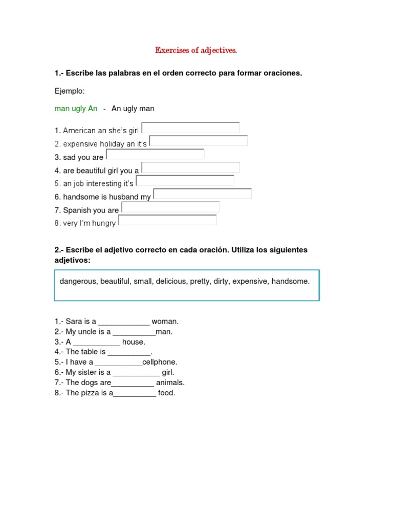 Exercises of Adjectives. Pract.2 | PDF