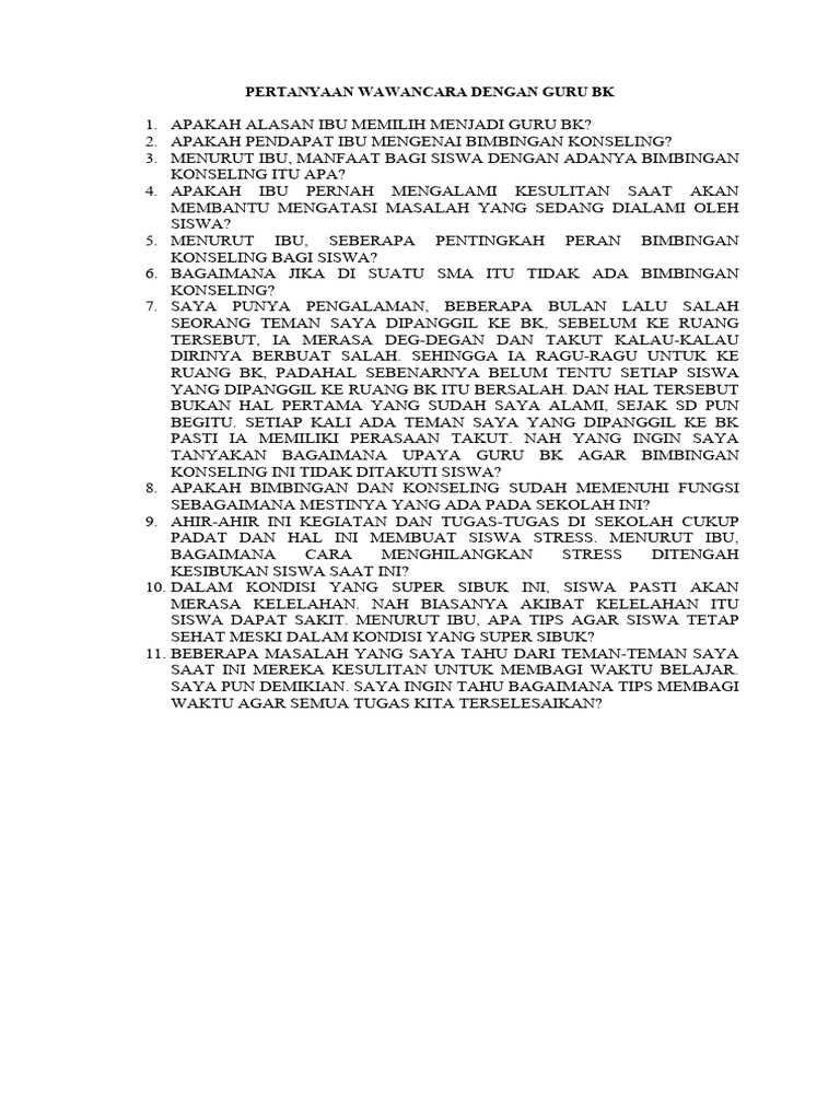 Contoh Daftar Pertanyaan Wawancara Dengan Guru BK | PDF